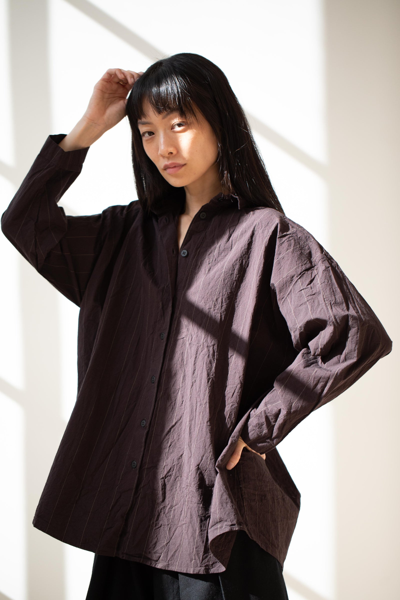 rennes — Bergfabel | Long Overshirt in Eggplant Stripe